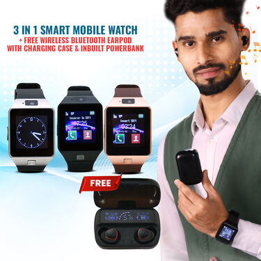 3 in 1 Smart Mobile Watch + Free Wireless Bluetooth Earpods with Charg ...